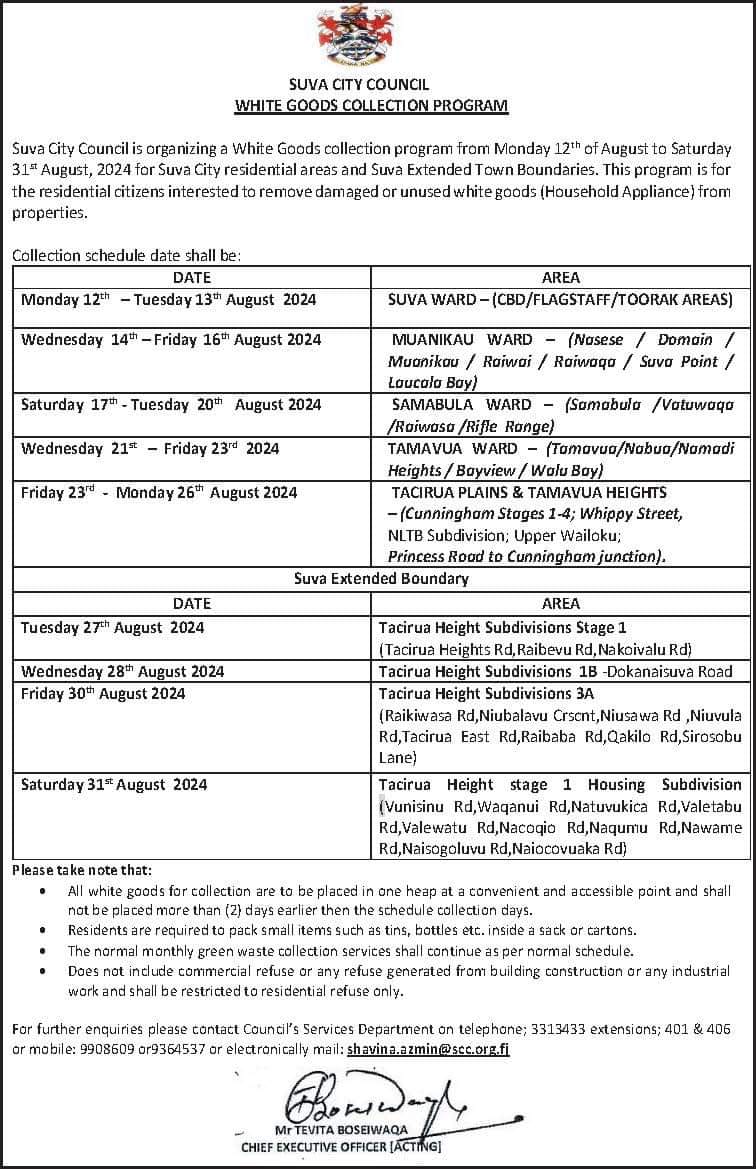WHITE GOODS COLLECTION - Suva City Council